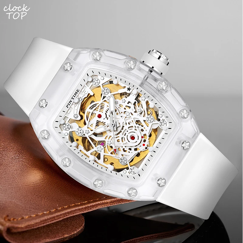 Skeleton Automatic Mechanical Watch for Men White Silicone Transparent ...