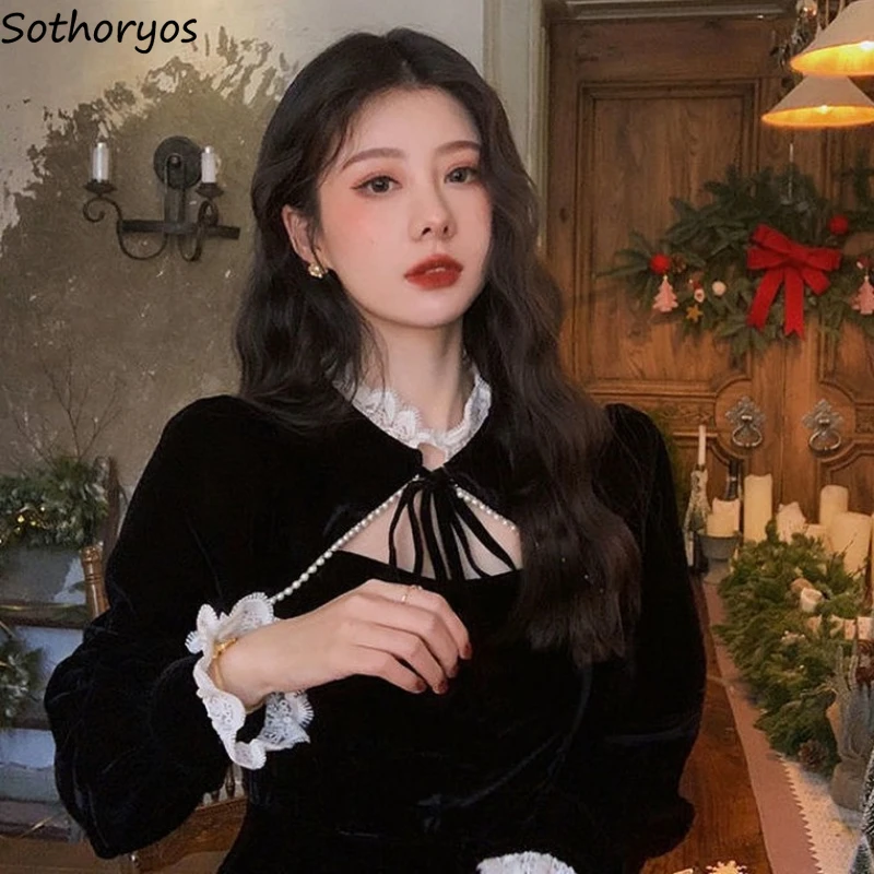 Velvet-Long-Sleeve-Dress-Women-Vintage-Lace-Patchwork-Hepburn-Design ...