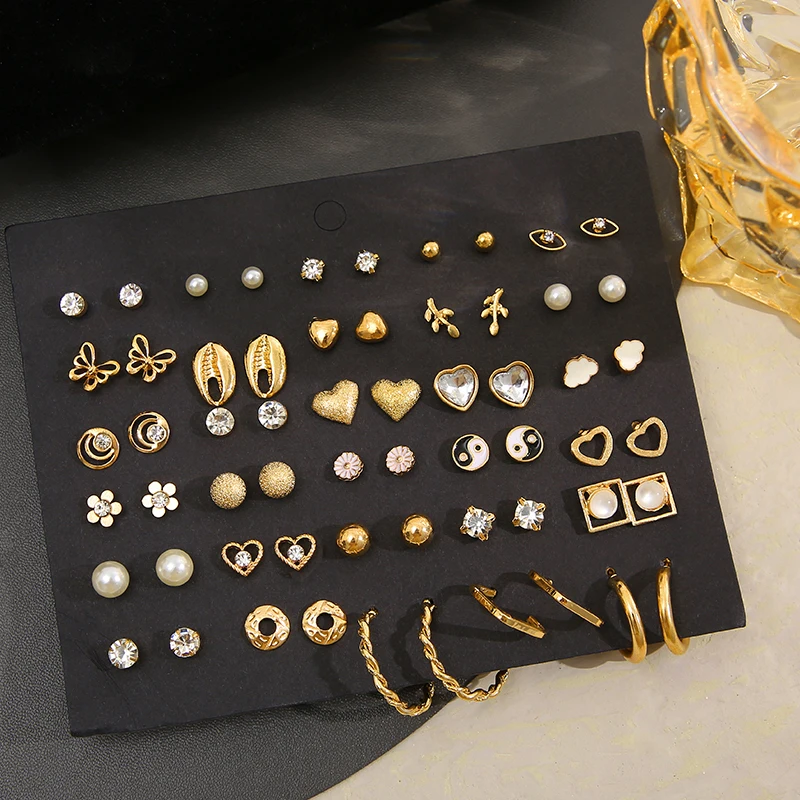 40Pcs/Set Gold Color Earring Set Vintage Butterfly Heart Pearl Crystal ...