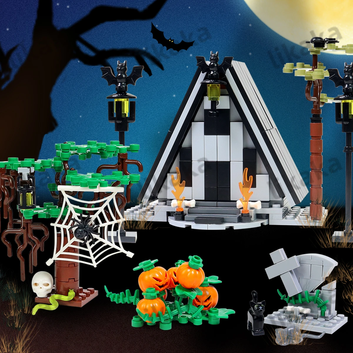 MOC-Halloween-Horror-Triangle-House-Building-Blocks-Pumpkin-Tombstone ...