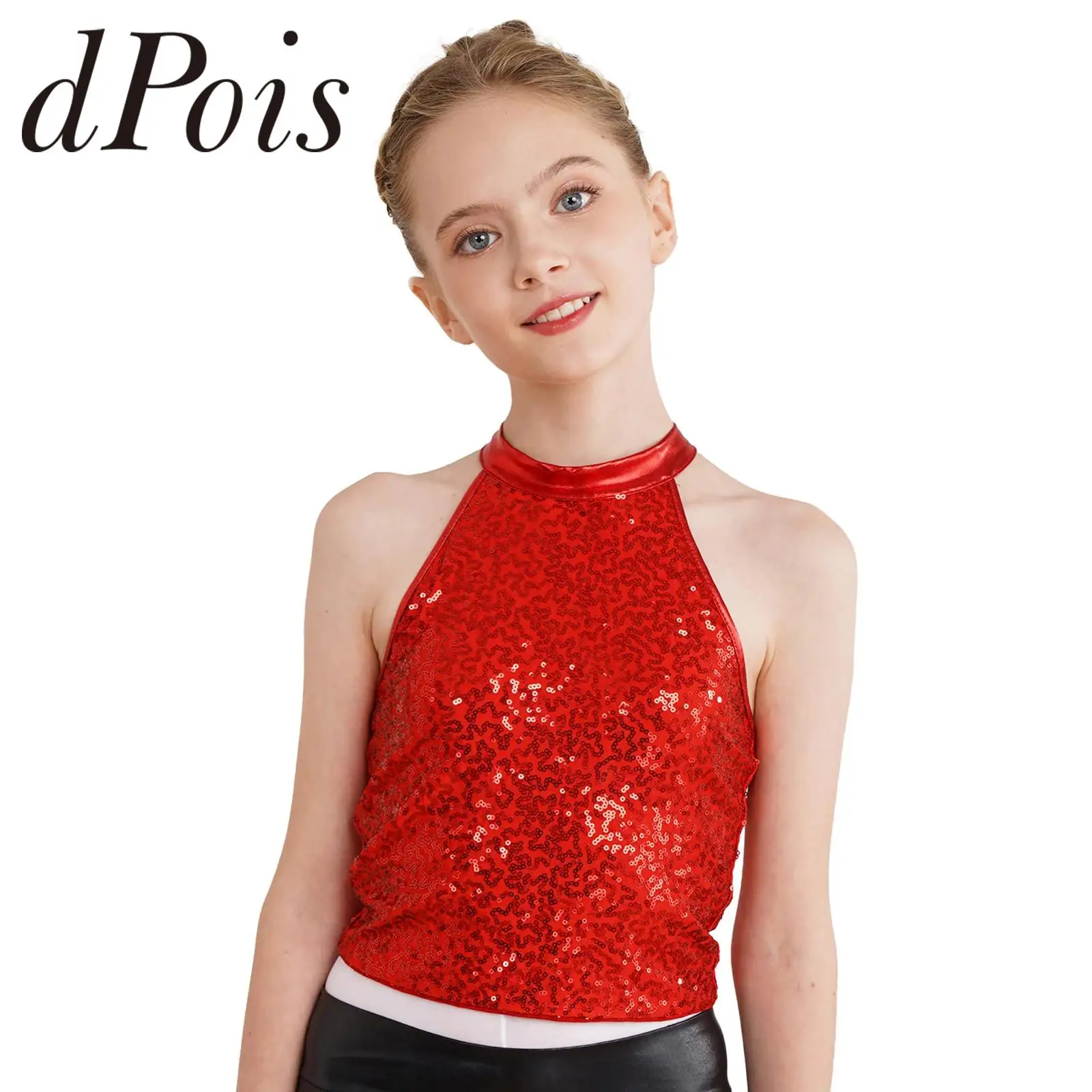 Summer Kids Girls Sequins Halter Crop Top Teens Backless Sleeveless ...