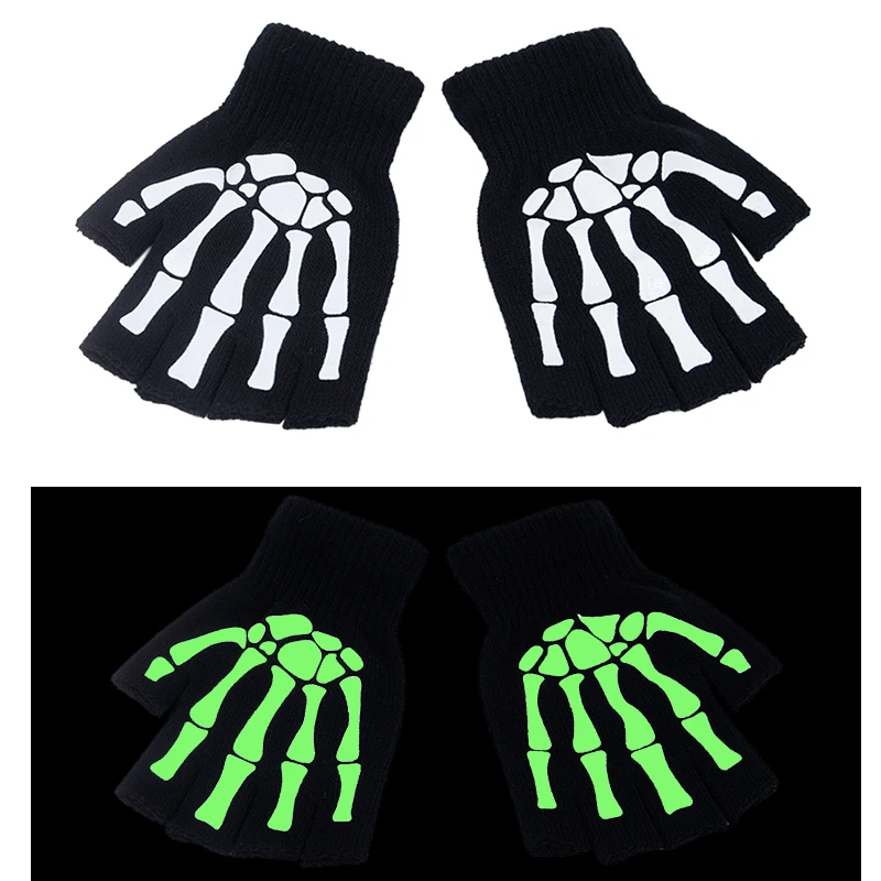 Halloween Luminous Gloves Winter Skeleton Skull Fingerless Mittens ...