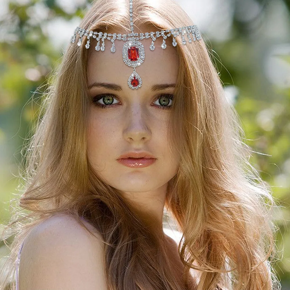 New Boho Red Crystal Headband Hair Chain Women Water Drop Forehead ...