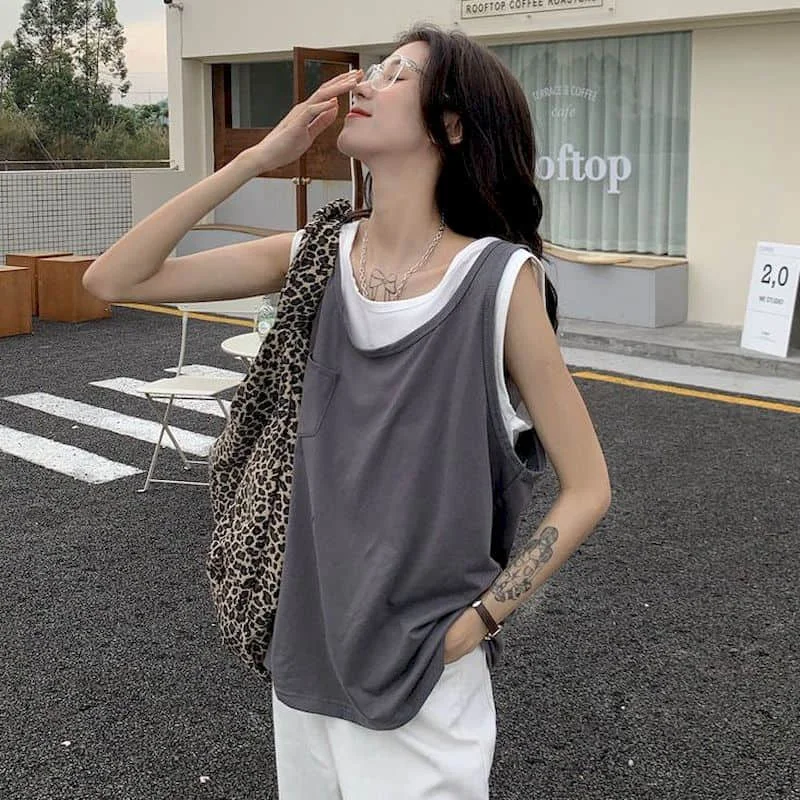 Vest-for-Women-Tops-Oversized-Fake-Two-Pieces-Solid-Korean-Style ...