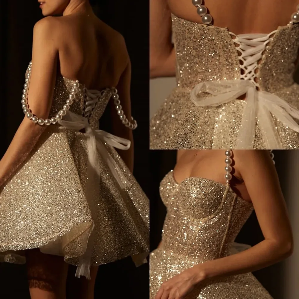 Golden-Luxury-Prom-Dress-Sparkly-Mini-Skirt-Above-Knee-Pearls-Lae-Up ...