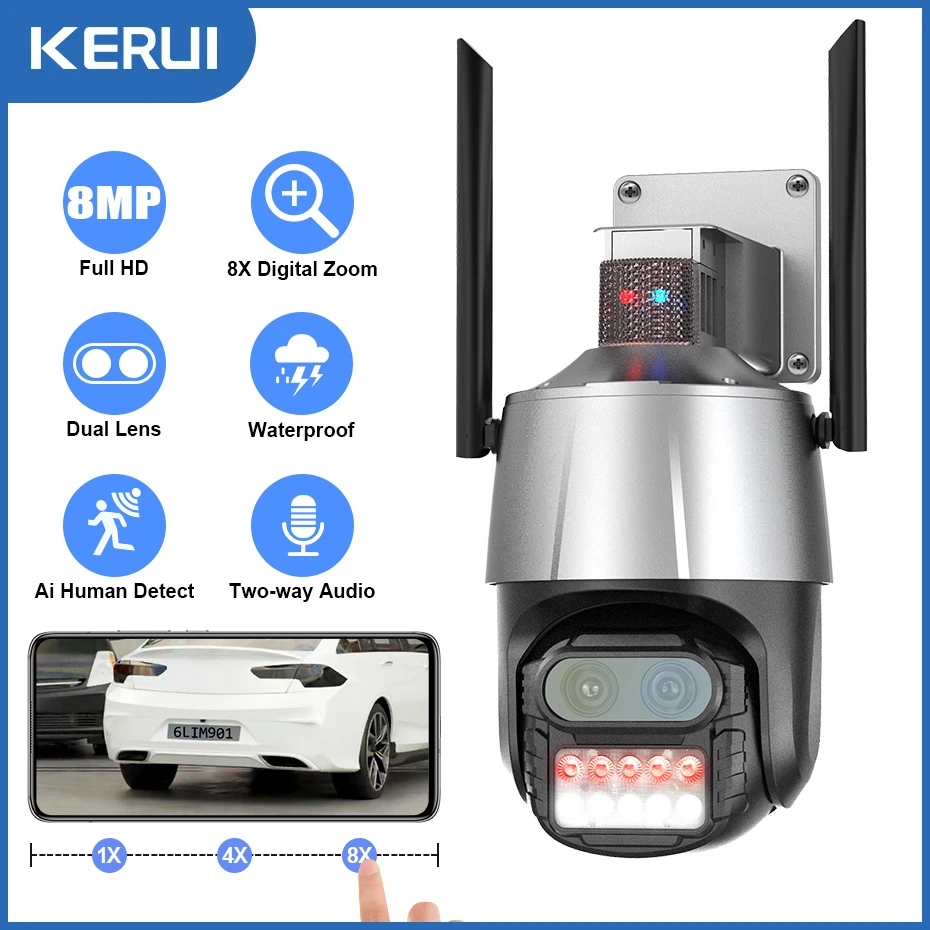 KERUI 8MP 4K PTZ IP Camera for Outdoor Dual Lens 8X Zoom Speed Dome ...