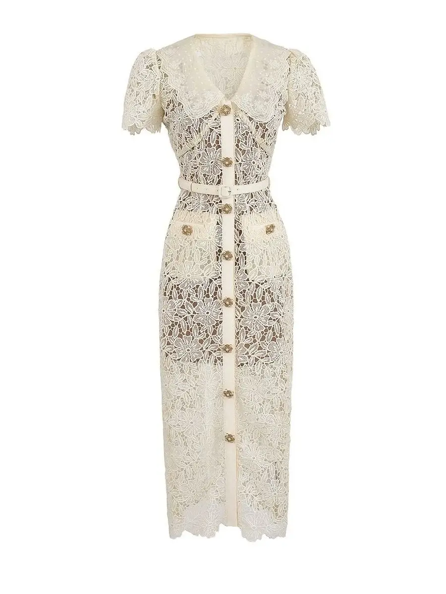 Mulheres-Elegante-Gancho-Flor-Bege-Vestido-de-Renda-Decote-V-Puff ...