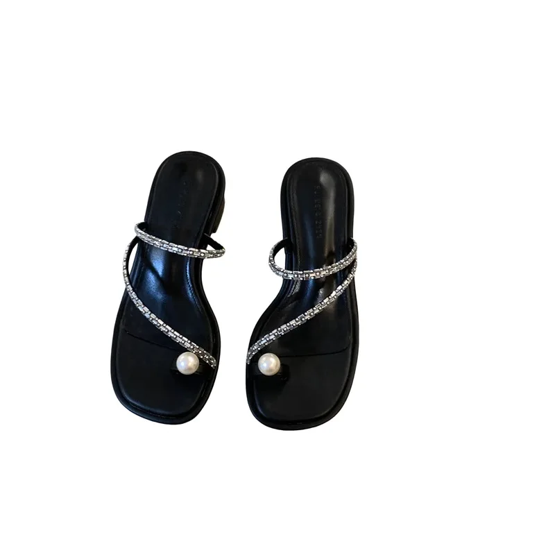 String-Bead-Female-Shoes-Ladies-Slippers-Square-heel-Low-Med-Glitter ...