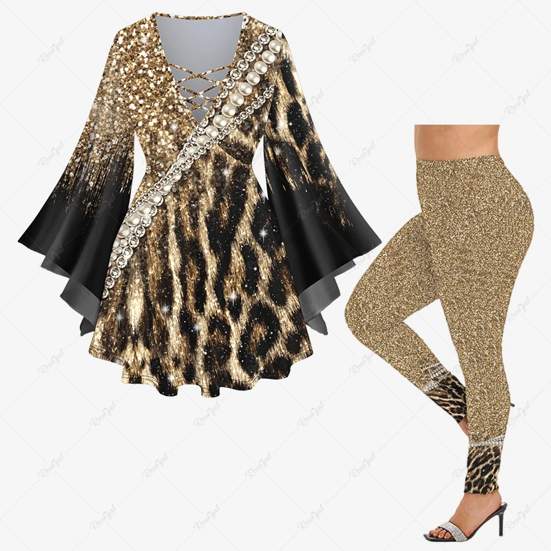 New Women's Leopard Flare Sleeves Top or Skinny Leggings Matching Set ...