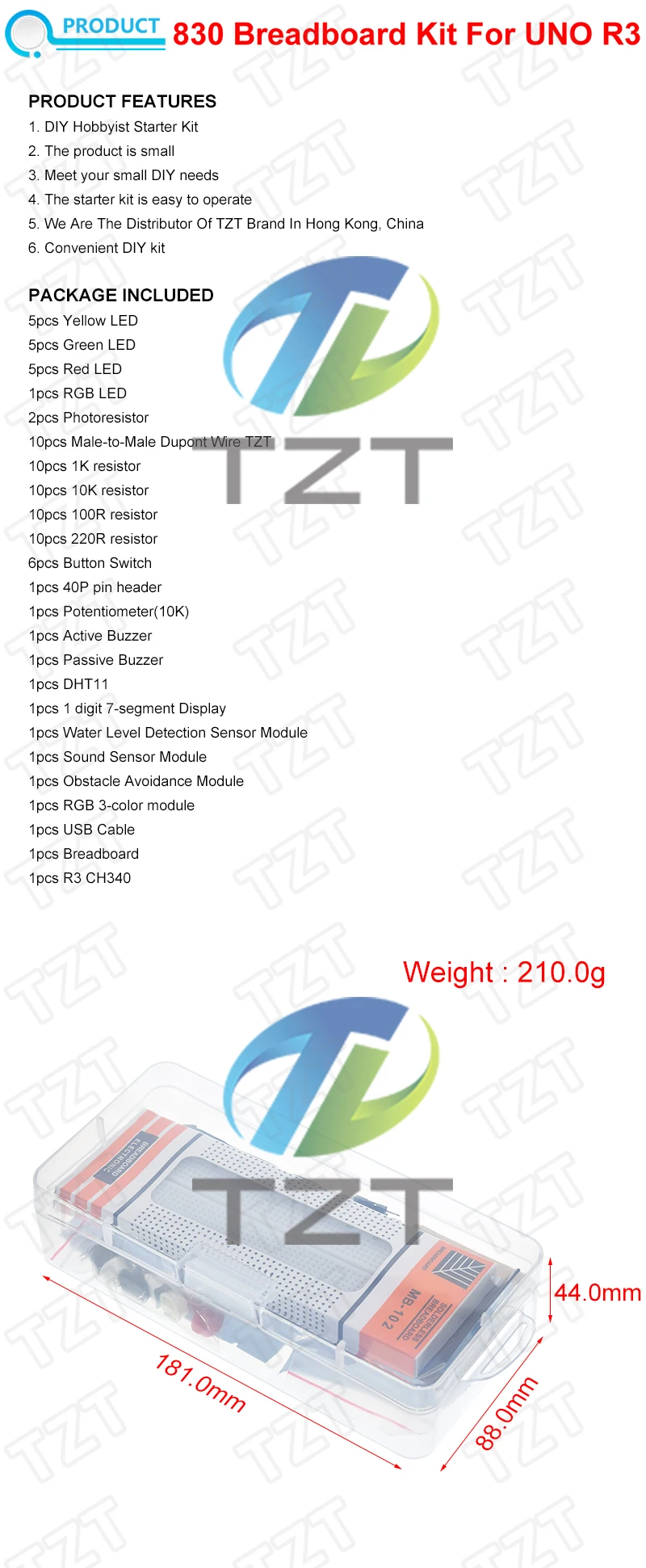 TZT Starter Kit for Arduino Uno R3 Breadboard Basic learning kit, sound/water level/humidity ...