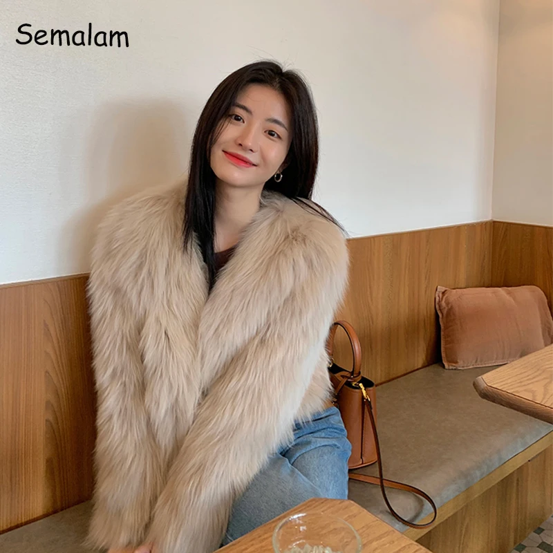 인조 여우 모피 루즈핏 코트 여성용 한국 패션 우아하고 따뜻한 코트 레이디 파티 클럽 복장 캐주얼 화이트 블랙