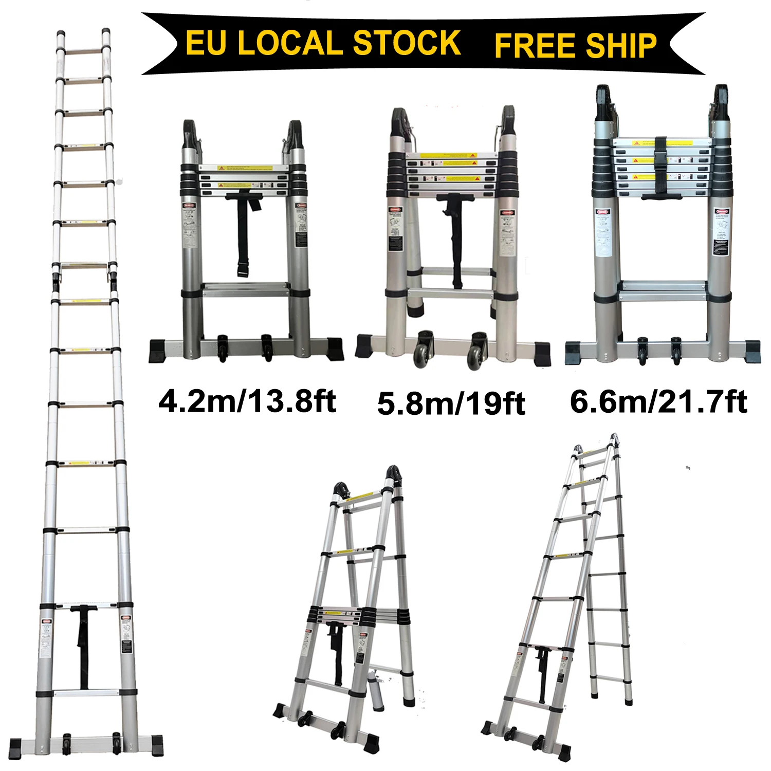 Telescopic Ladder Aluminium 4.2m/5.8m A-Frame Folding Ladder Portable ...