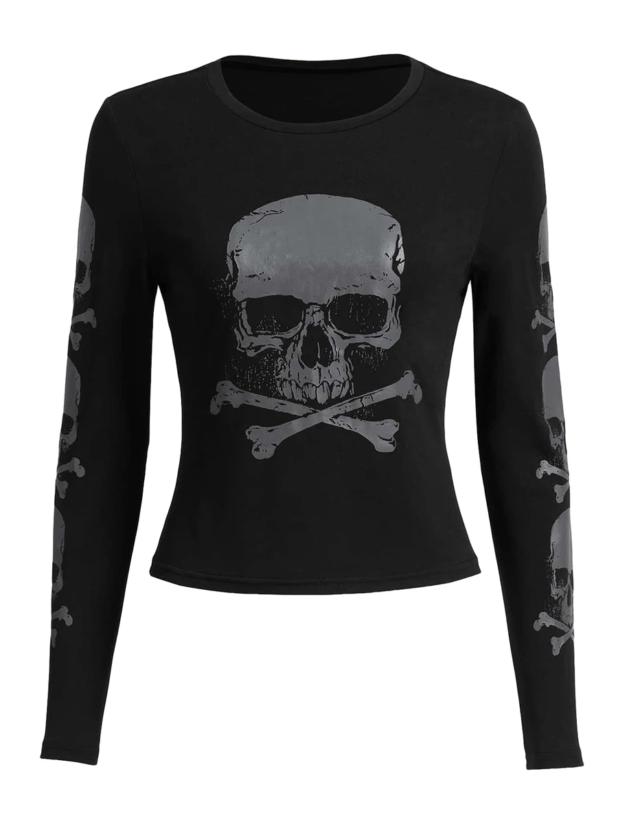 YHLZBNH-Women-s-Autumn-Long-Sleeve-T-Shirt-Crewneck-Skull-Skeleton ...