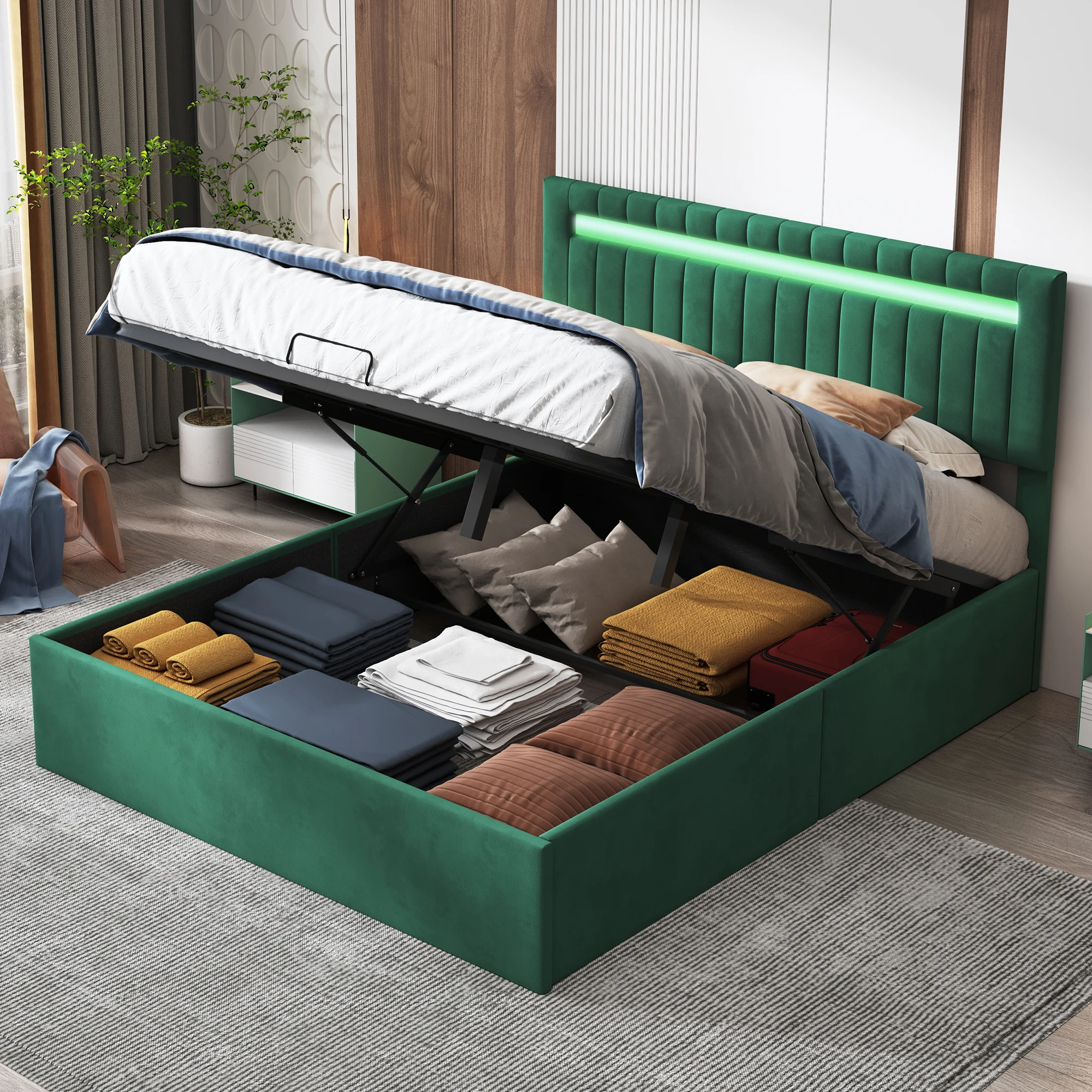 Upholstered-Bed-140-x-200-cm-LED-Double-Bed-with-Storage-Space-and ...