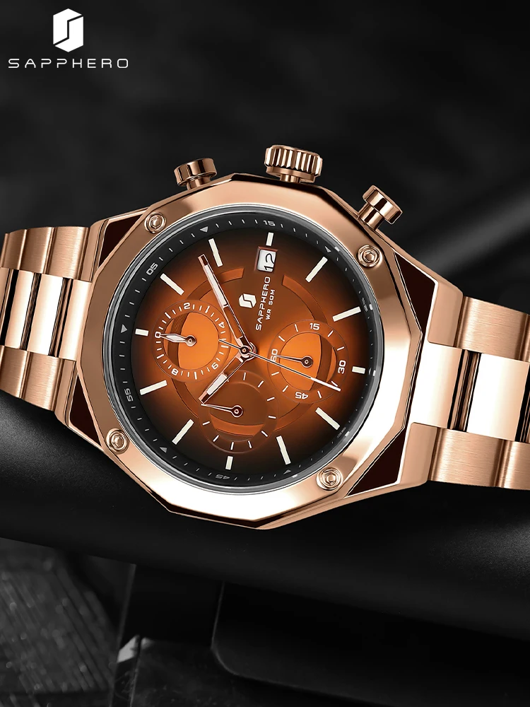 SAPPHERO-Rose-gold-Chronograph-Mens-Watch-Luxury-Stainless-Steel-Quartz ...