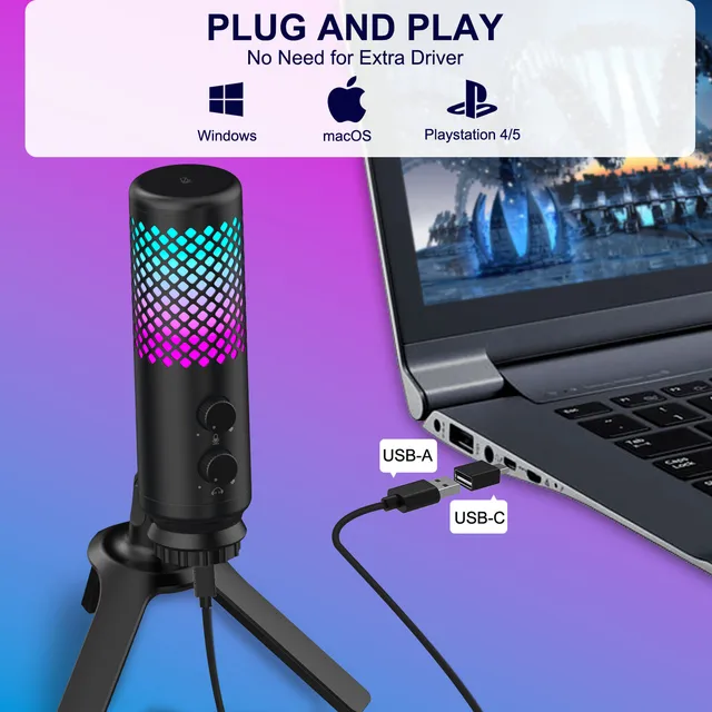 USB RGB Gaming Microphone for PS5, VeGue PC Condenser Mic with ...
