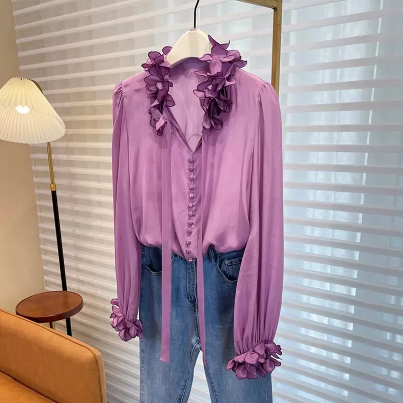 2024-New-Purple-Shirt-Design-3D-Flowers-Patchwork-Lace-up-Solid-Blouse ...