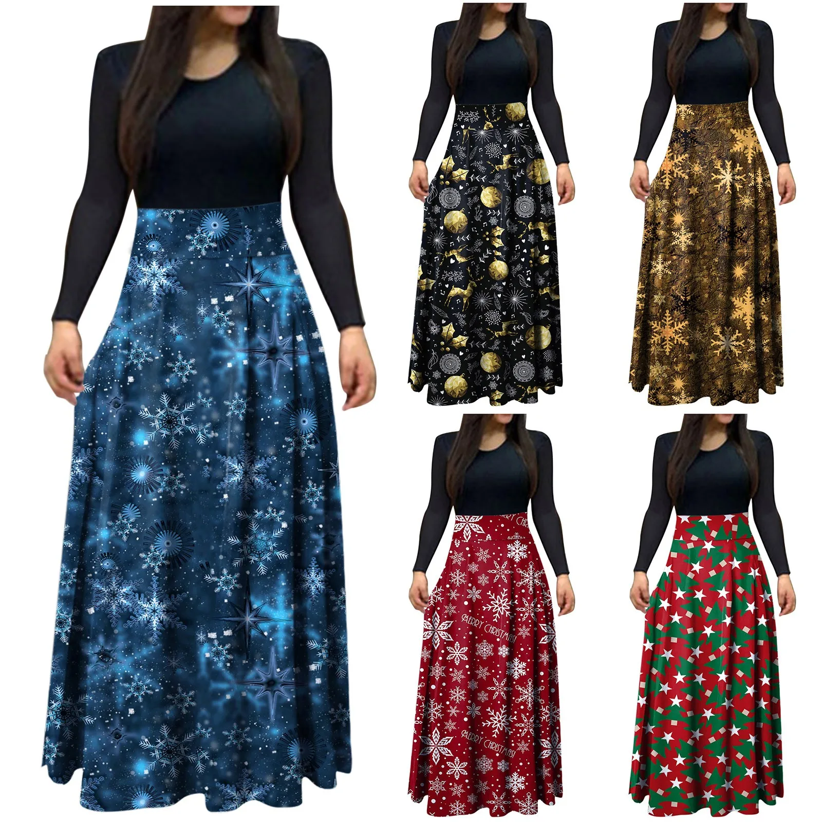 Women-s-Christmas-Printed-Long-Sleeve-Round-Neck-Patchwork-Long-Dress ...