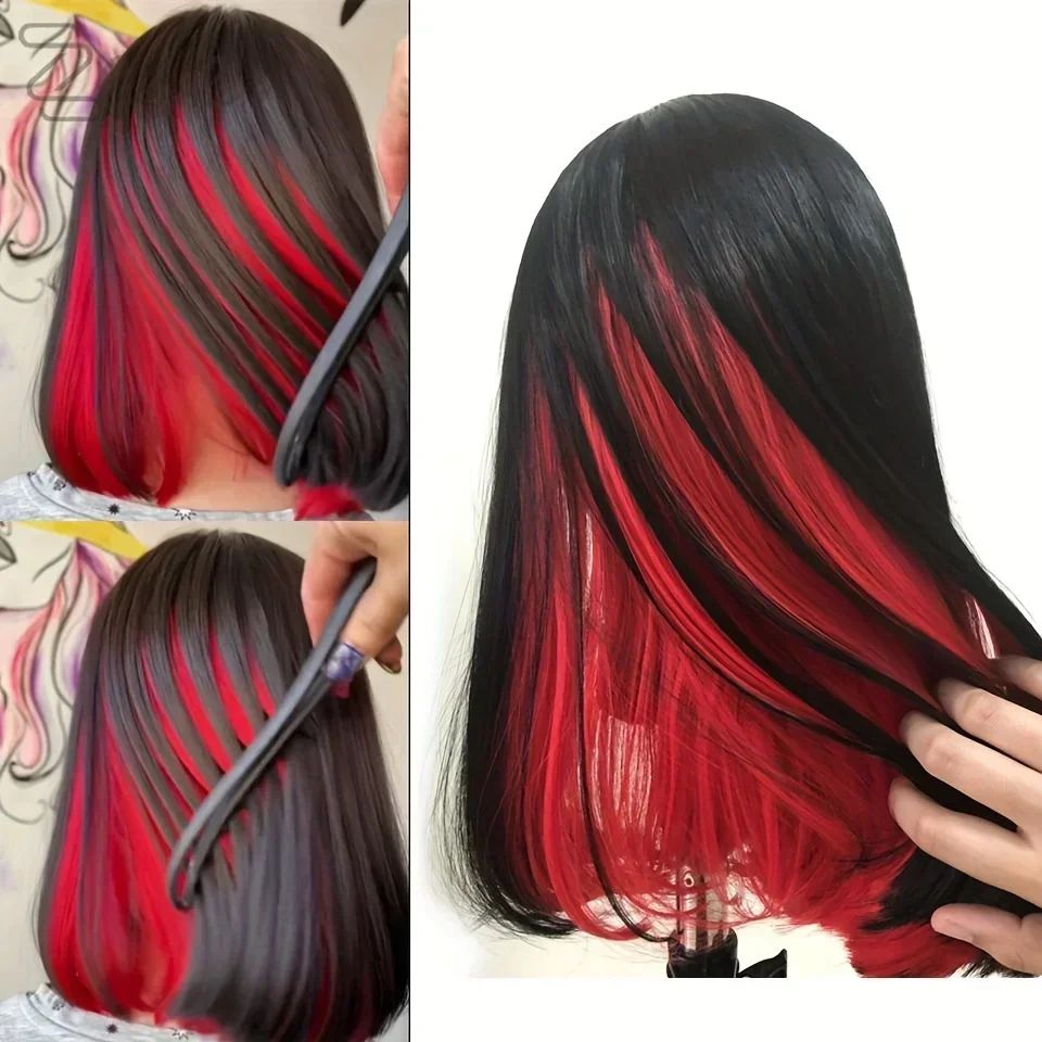 Red Peekaboo Wig Straight Synthetic Short Wig Cosplay Bob Wigs Black ...