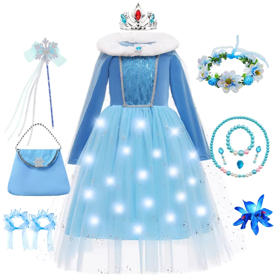 Girls Cosplay Princess Costume Elsa Dress with Cloak Halloween LED ...