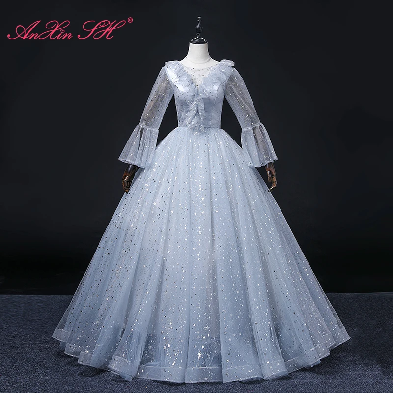 AnXin-SH-princess-Light-blue-lace-silvery-star-sequins-luxury-vintage-o ...