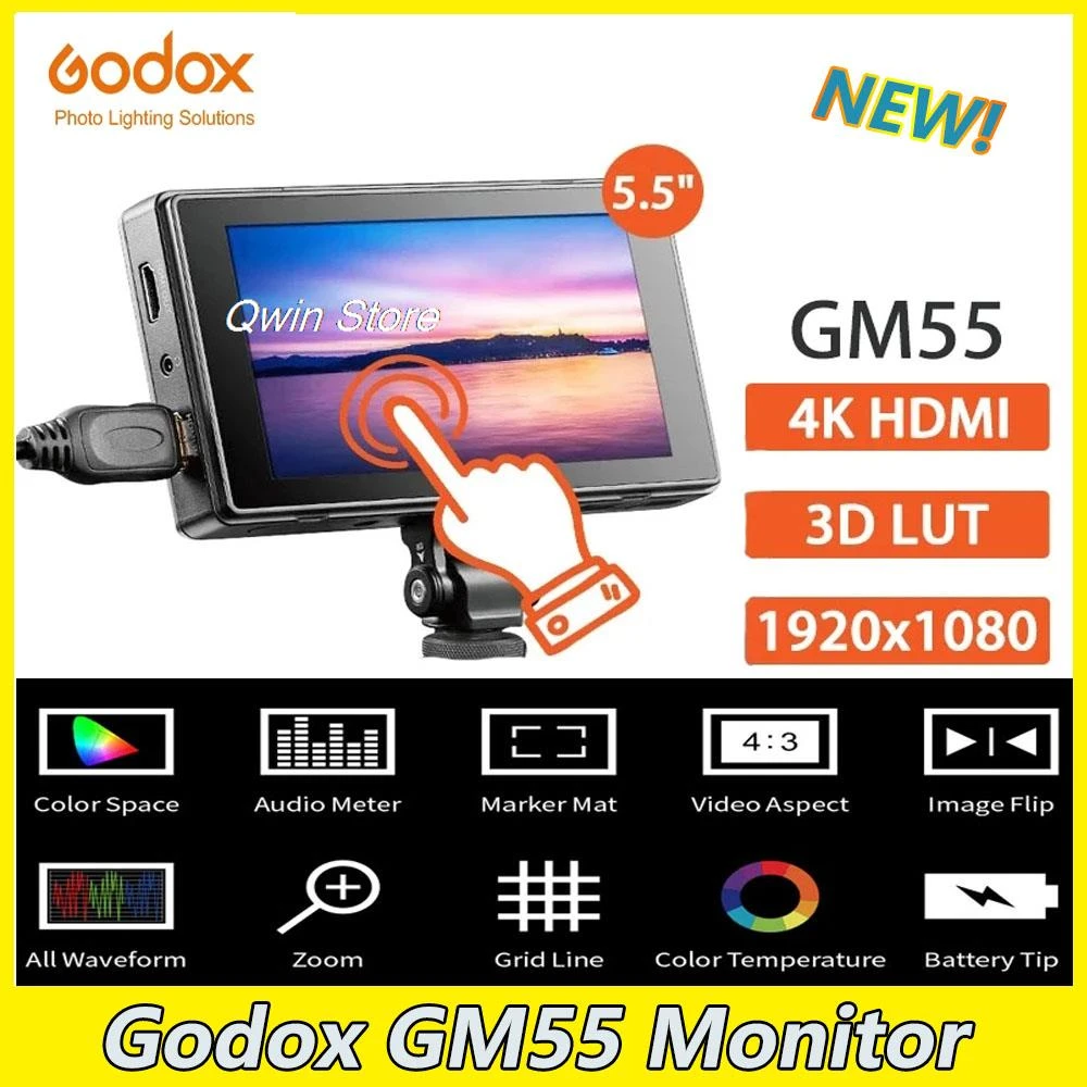 Godox GM55 모니터 카메라 DSLR 필드 모니터, HDMI 3D LUT 터치 스크린, IPS FHD 1920x1080 비디오, VS F6 플러스, 4K, 5.5 인치 ...