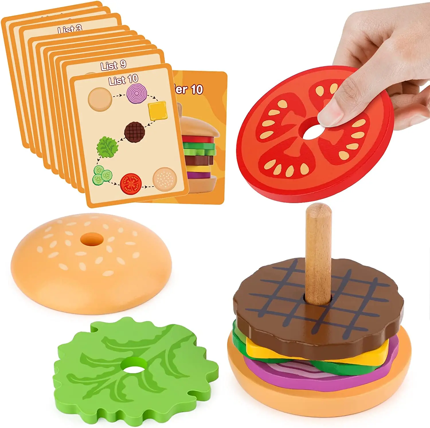 Montessori Wooden Burger Stacking Toys for Toddlers and Kids Preschool ...