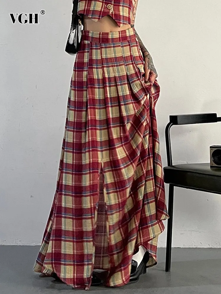 VGH-Colorblock-Folds-Casual-Skirts-For-Women-High-Waist-Loose-Plaid-A ...