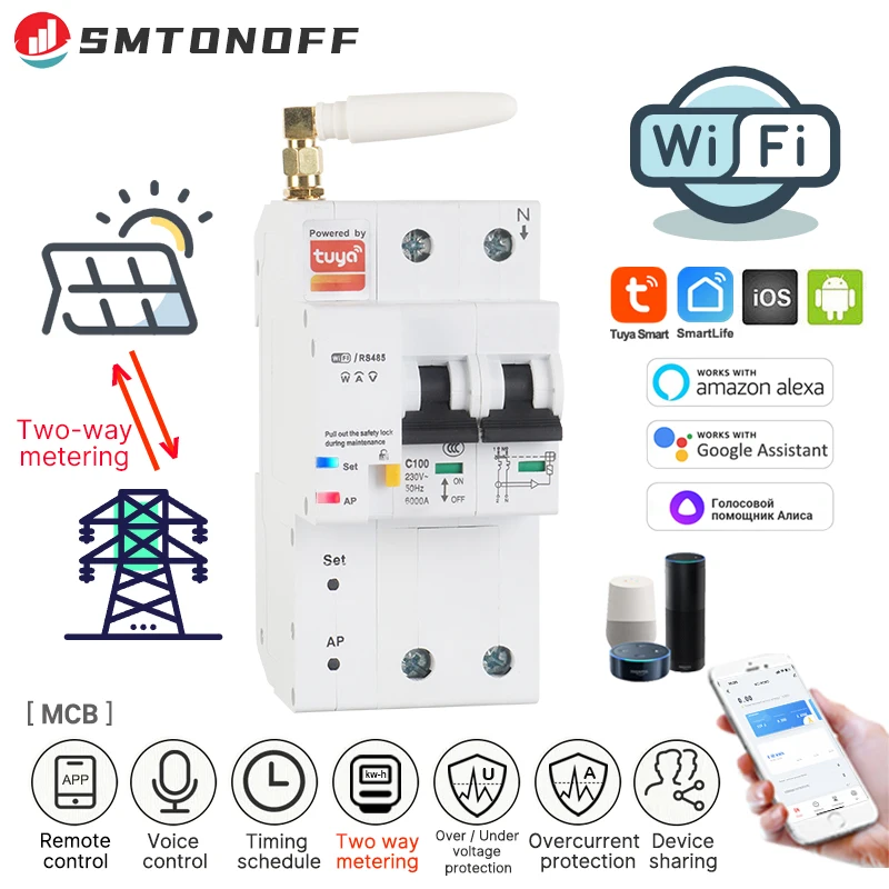 Tuya Smart WIFI MCB Bi directional measuring Energy Meter 100A on grid ...