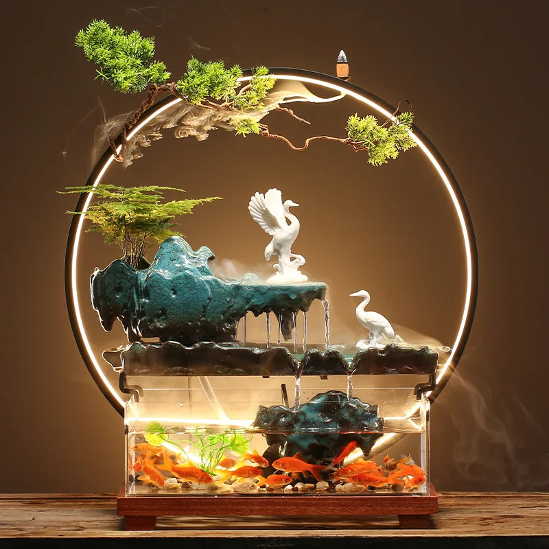 Chinese-style flowing water ornaments landscape fish tank living room ...