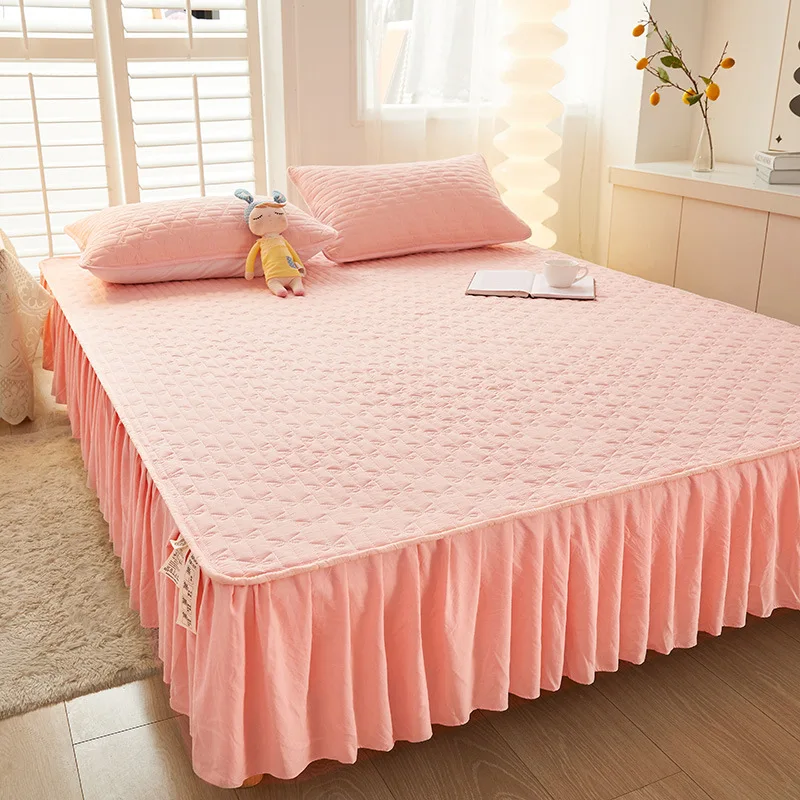 Bed-Skirt-Style-Bedspread-Silk-Wadding-Padded-Thick-Plaid-Fitted-Sheet ...