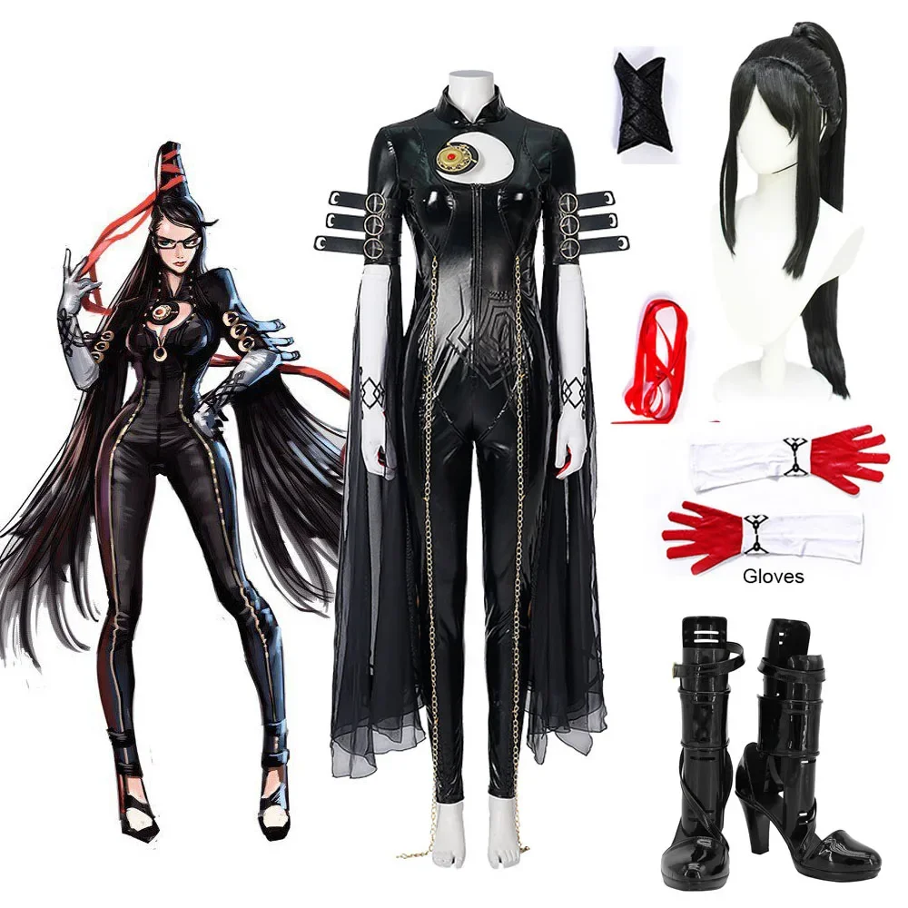 Game-Bayonetta-Cosplay-Costume-Wig-Shoes-Black-PU-Jumpsuit-Adult-Lady ...