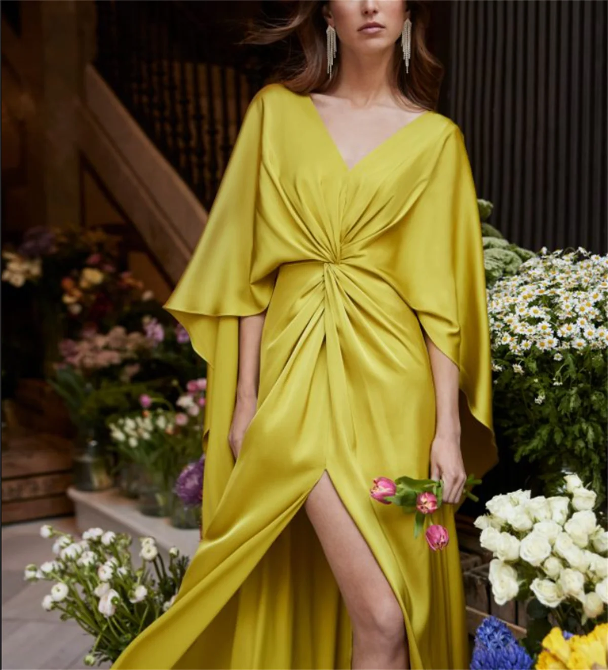 Simple-Yellow-Prom-Dress-V-Neck-Cape-Sleeve-Evening-Dress-Chiffon ...