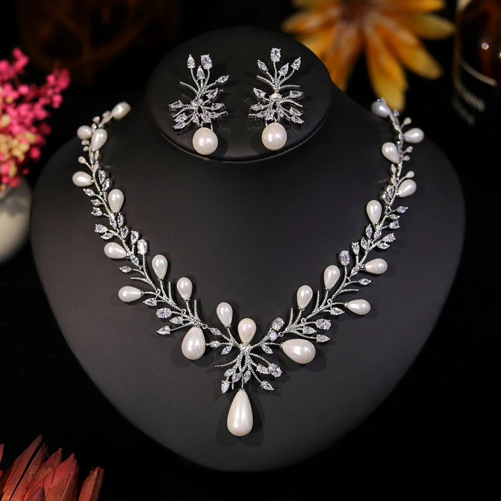 Luxury-White-Cubic-Zirconia-Big-Pearl-Necklace-and-Earrings-Wedding ...