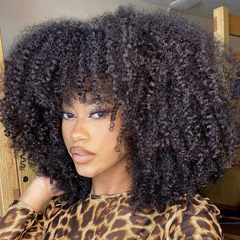 Afro Kinky Curly Hunan Cabelo Perucas com Franja Máquina Completa ...