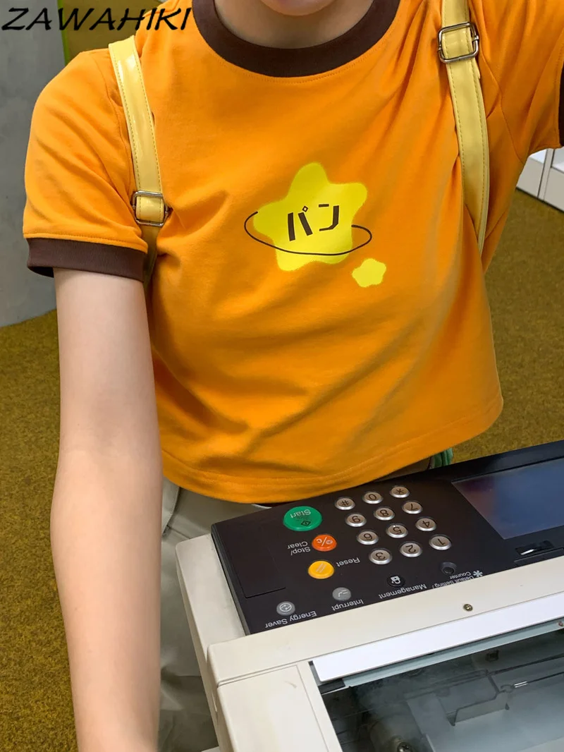 Kawaii Yellow Crop Top Y2k Top Cute Vintage Japanese Letter Printing O ...