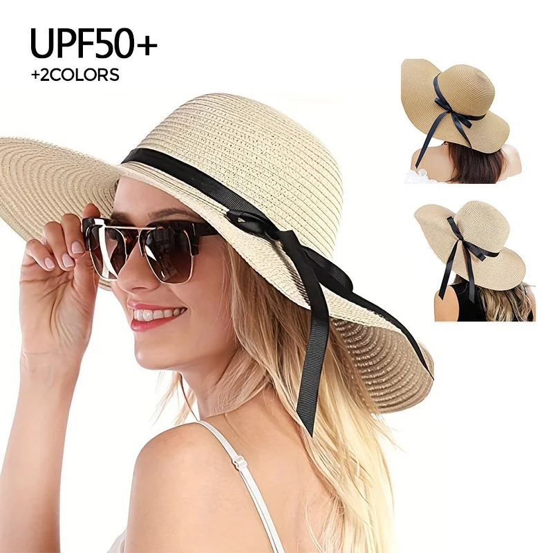 Panama Simple Summer Beach Hat Casual Women Flat Brim Bowknot Straw Cap ...