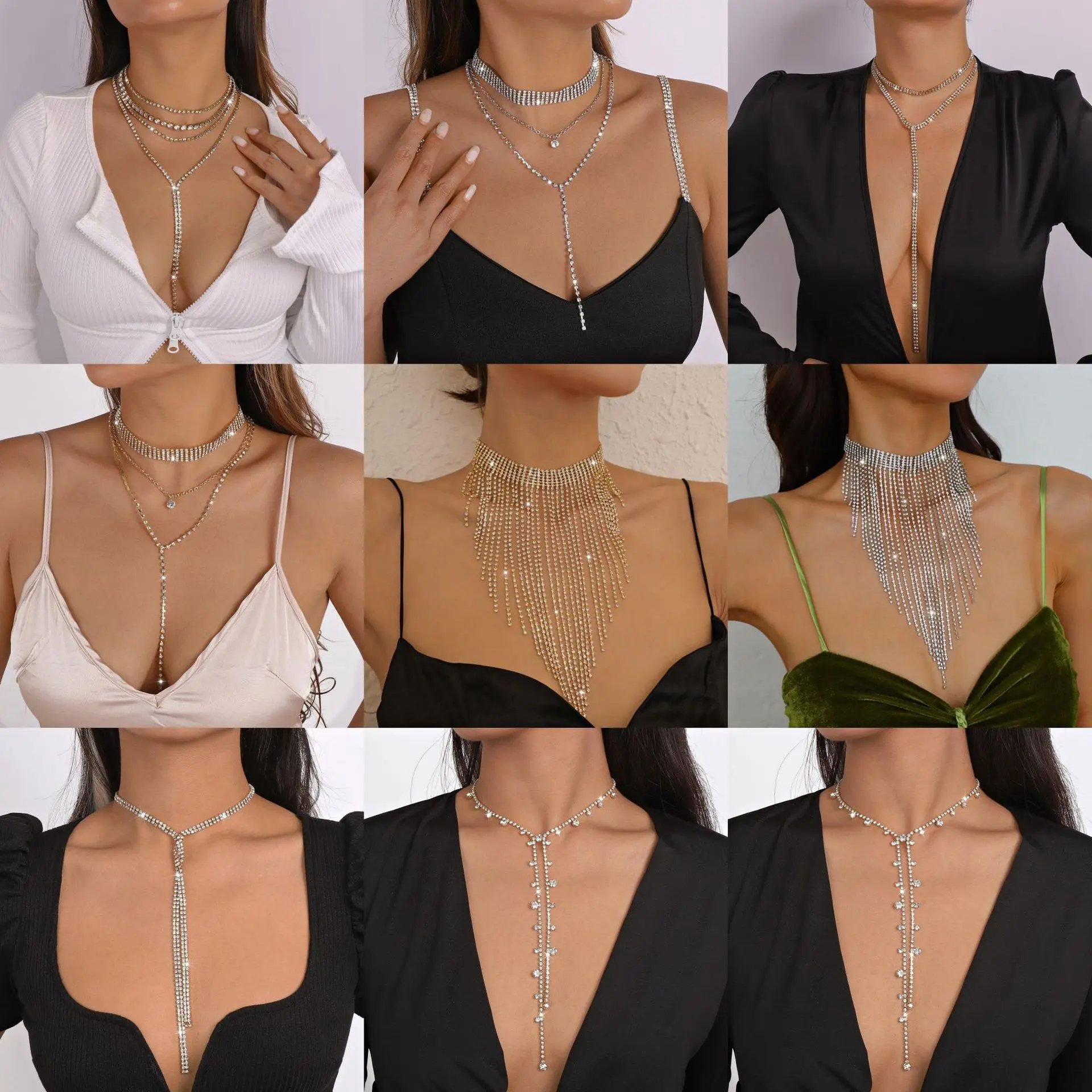 Long-Tassel-Necklace-Shining-Rhinestone-Crystal-Double-Layer-Collars-Chokers-Girls-Wedding-Party ...