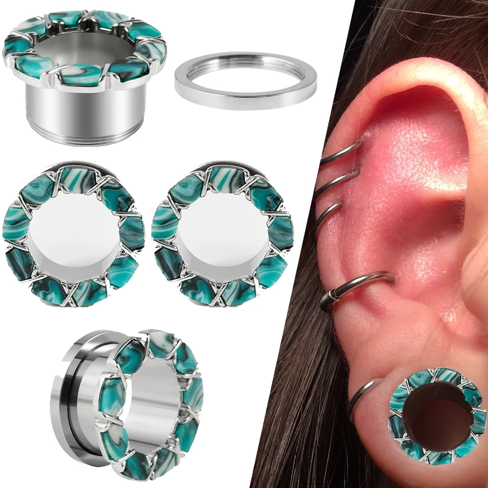 1PC-Stainless-Steel-Multiple-Green-Stone-Ear-Tunnels-Gauges-for-Ears ...