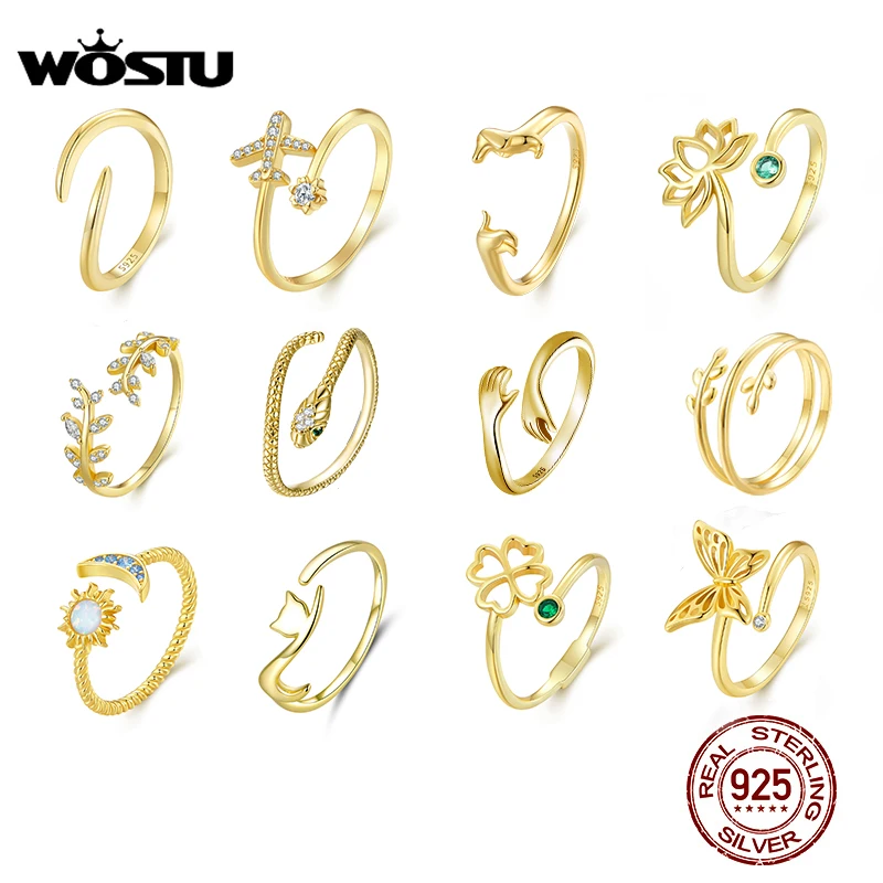 WOSTU-925-Sterling-Silver-18K-Gold-Plate-Adjustable-Rings-Stackable-Engagement-Zircon-Open-Snake ...