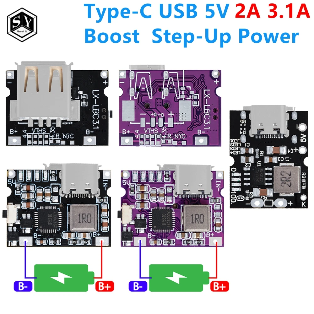 Type-C USB 5V 2A 3.1A Boost Step-Up Power Module Lithium Battery ...