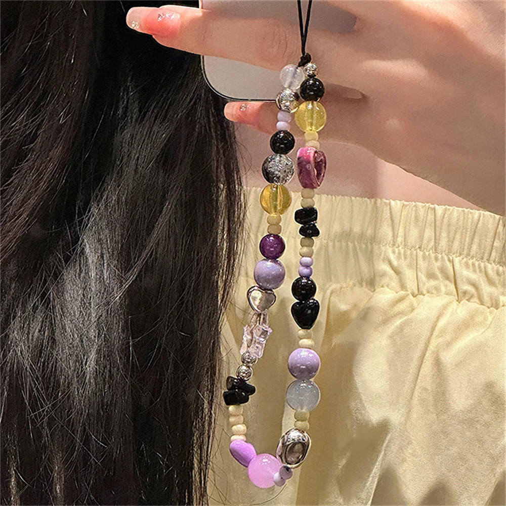Korean-Purple-Heart-Phone-Chains-Sliver-Star-Bead-Lanyard-Hanging-Cord ...