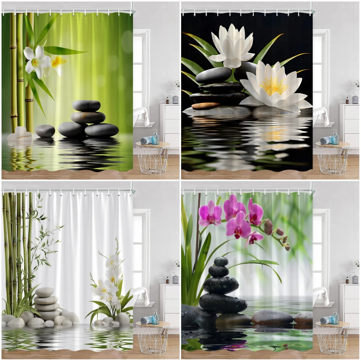 Zen-Shower-Curtains-Black-Stone-Green-Bamboo-Lotus-Spa-Candle-Purple ...