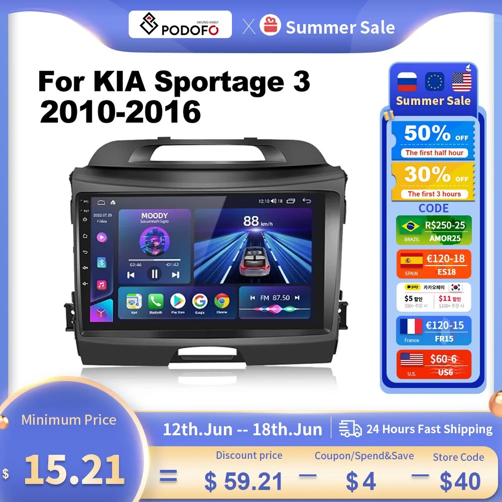 AutoRadio 2 Din Carplay Android para Kia Sportage 2010 2016, AI Voice, 4G, GPS, reprodutor de ...