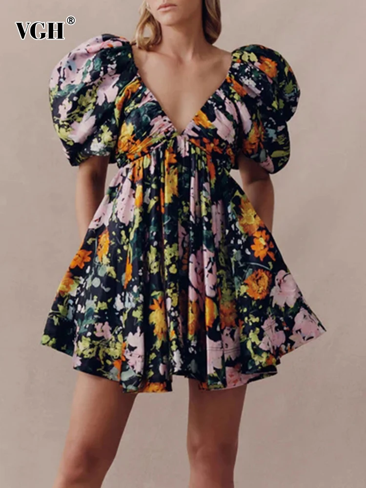 Vgh Floral Printting Dresses For Women Deep V Neck Puff Sleeve High