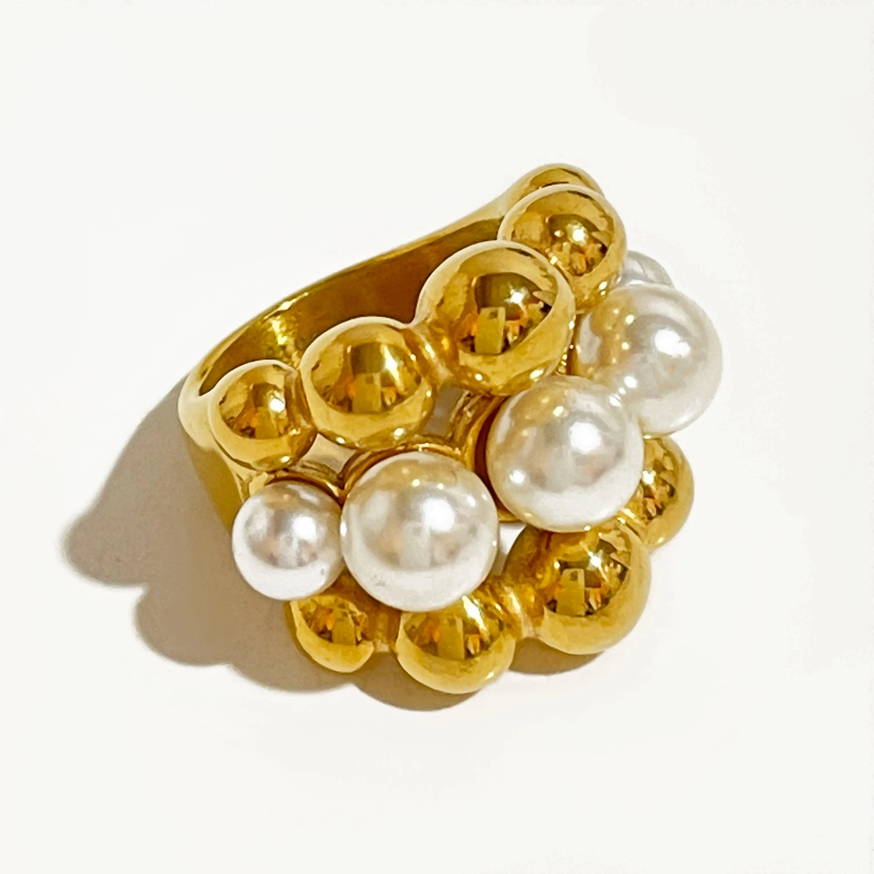 Peri'sbox Stainless Steel Chunky Gold Plated Ball Faux Pearls Ring ...