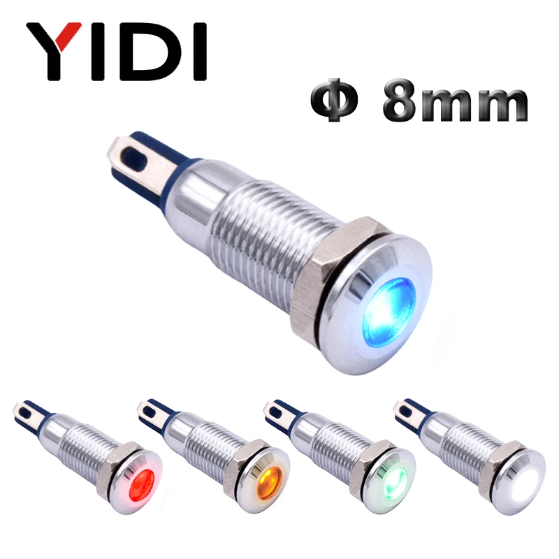 8mm Waterproof Metal Indicator Light, Red Green Blue Yellow White LED ...