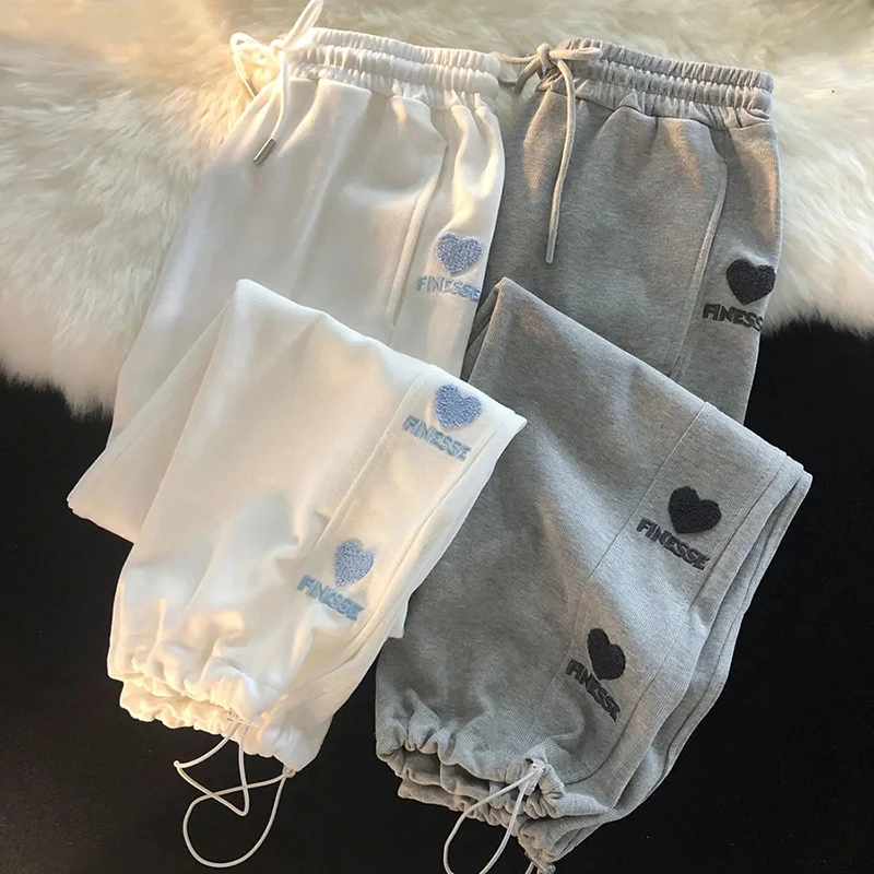 캐주얼 아메리칸 스타일 하이 웨스트 와이드 레그 자수 스웨트팬츠 스트리트웨어 바지 여성용 느슨한 하라주쿠 패션 스트리트웨어
