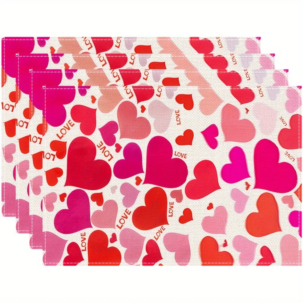 4pcs Valentine's Day Flax Heart Placemats,Pink And Red Hearts Farmhouse ...
