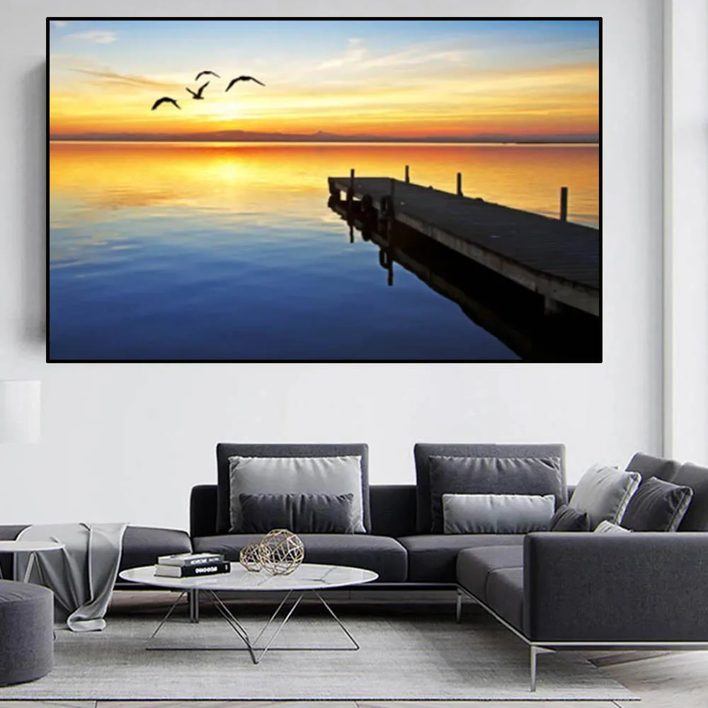 Sunset-Lake-Landscape-Wall-Art-Picture-Flying-Sea-Birds-Posters-Calm ...